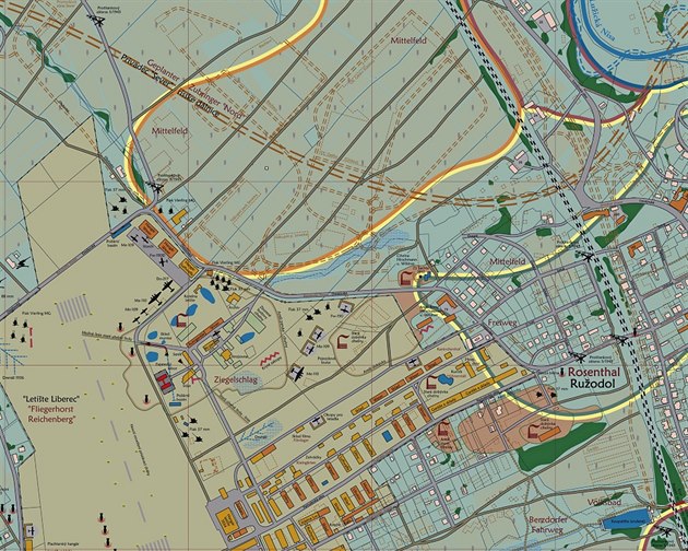 Zbrojní podniky, válečná opevnění. Mapa ukazuje Liberec v roce 1945 ...