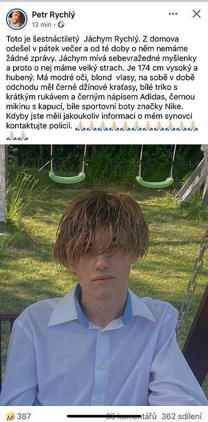 Petr Rychlý hledá synovce: Jáchym (16) se ztratil, má sebevražedné ...