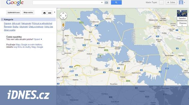 Okolí Holic podle map Googlu zatopilo dvacet kilometrů dlouhé jezero ...